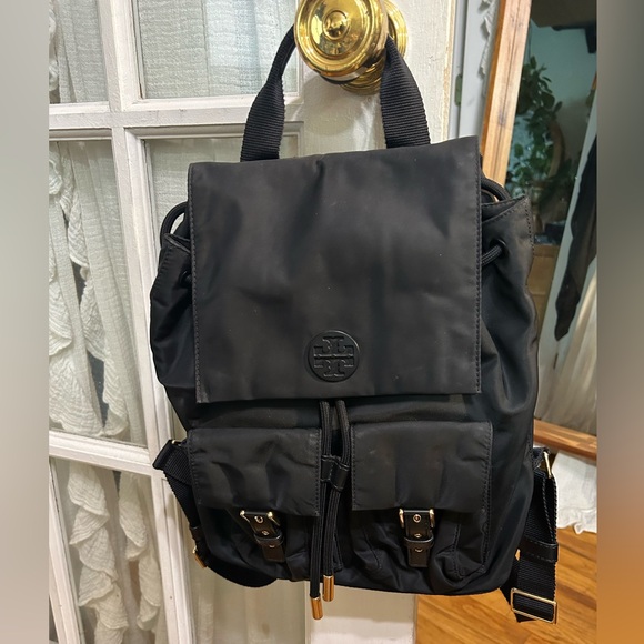 Tory Burch | Bags | Tory Burch Black Nylon Backpack Flap Drawstring Bag ...